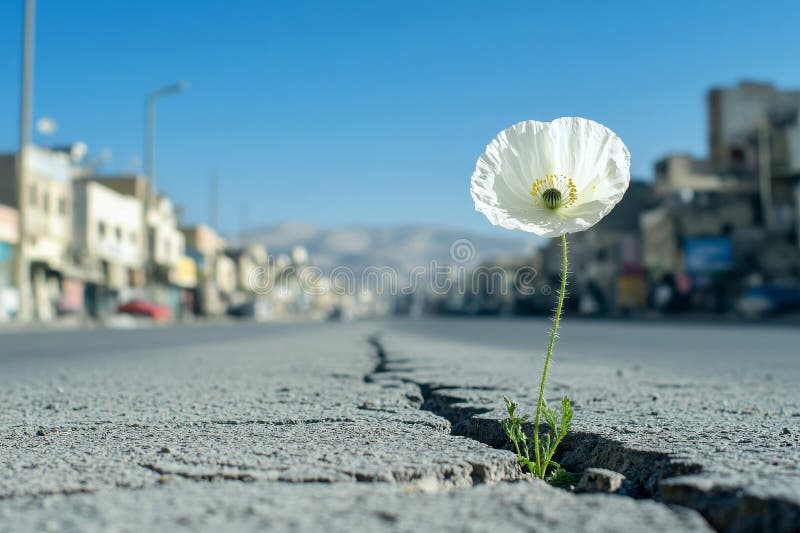 A Single Poppy Flower Grows Out of the Cracked Asphalt. Generative Ai ...