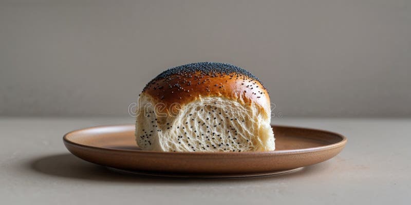 A Single Poppy Seed Topped Bun Rests Atop a Brown Plate. Stock Photo ...
