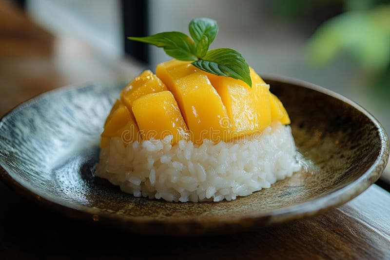 A Single Portion of Mango Sticky Rice Styled on a Small Ceramic Plate ...