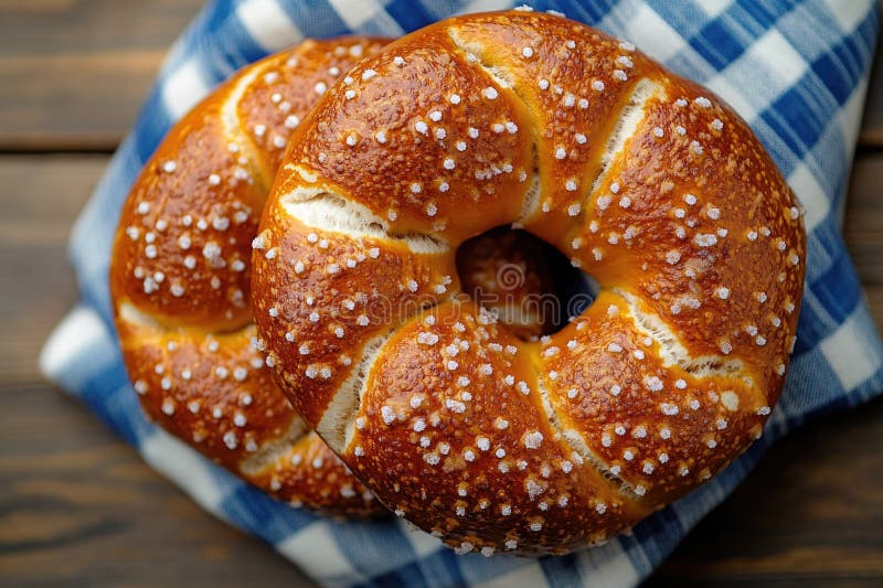 A Single Pretzel Sits Atop a Blue and White Checkered Napkin, Perfect ...