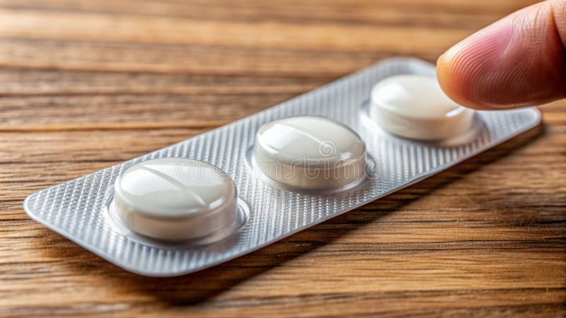 Isolated White Pill Emerging from Blister Pack on Clean Wooden Tabletop ...