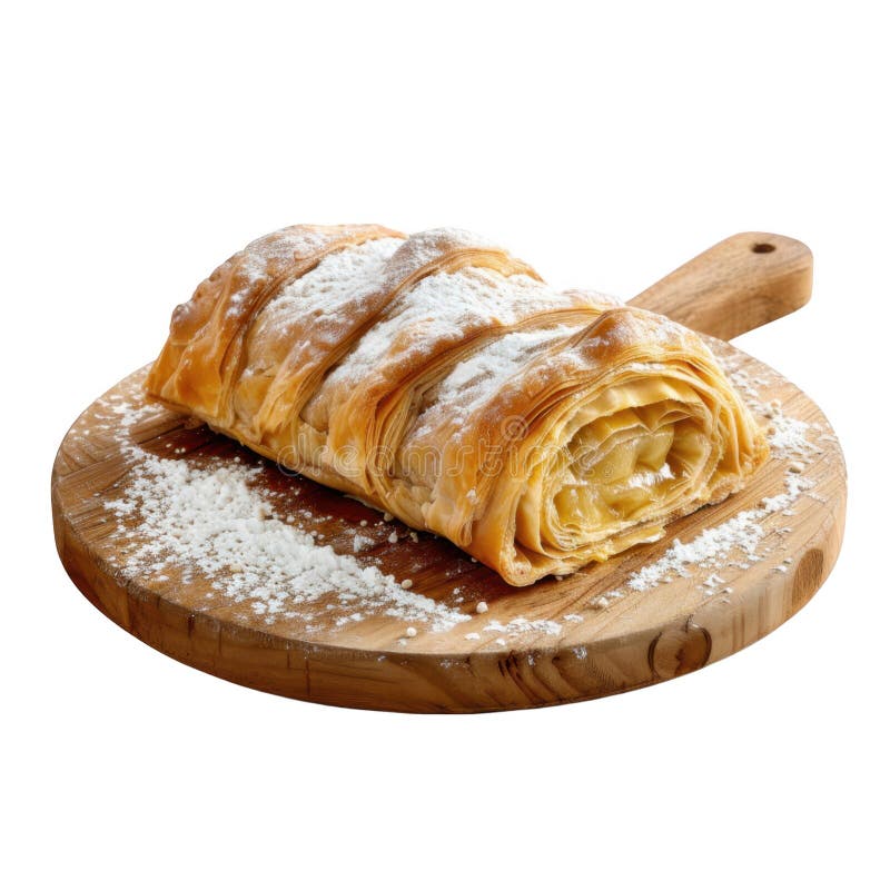 A Single Puff Pastry Roll with Powdered Sugar on a Wooden Cutting Board ...