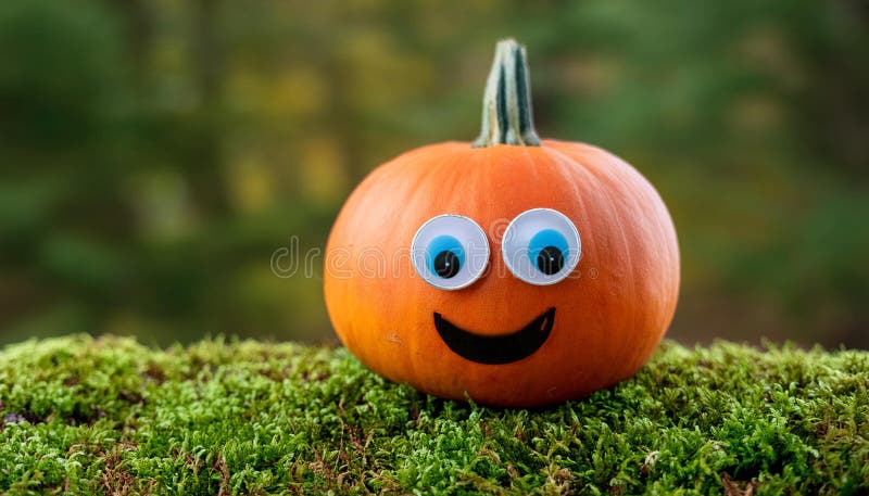 A Happy Pumpkin with Googly Eyes Rests on Moss in Autumn and Copy Space ...