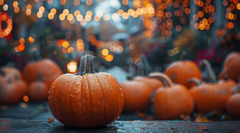 Single Pumpkin in the Rain on a Fall Evening with String Lights Stock Photo - Image of pumpkin ...