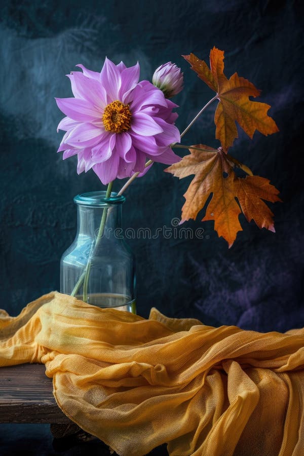 A Single Purple Flower Sits in a Clear Glass Vase on a Table Stock ...
