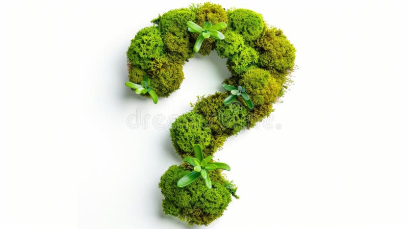 A Single Question Mark Covered in Lush Green Moss, Sitting on a White ...
