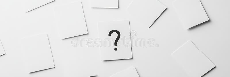 Single Question Mark on a White Card among Scattered Blank Cards ...