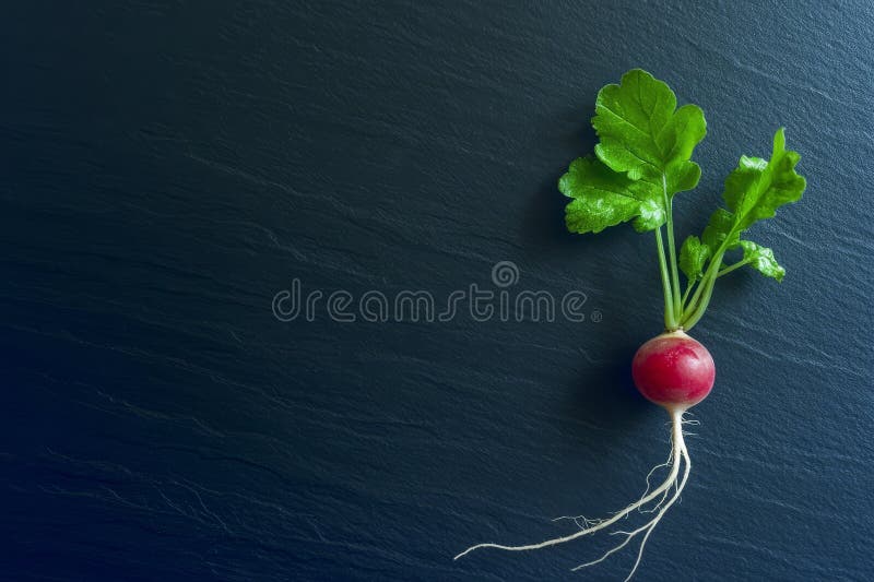 Single Radish with Leaves and Roots on a Dark Slate Background. Stock ...