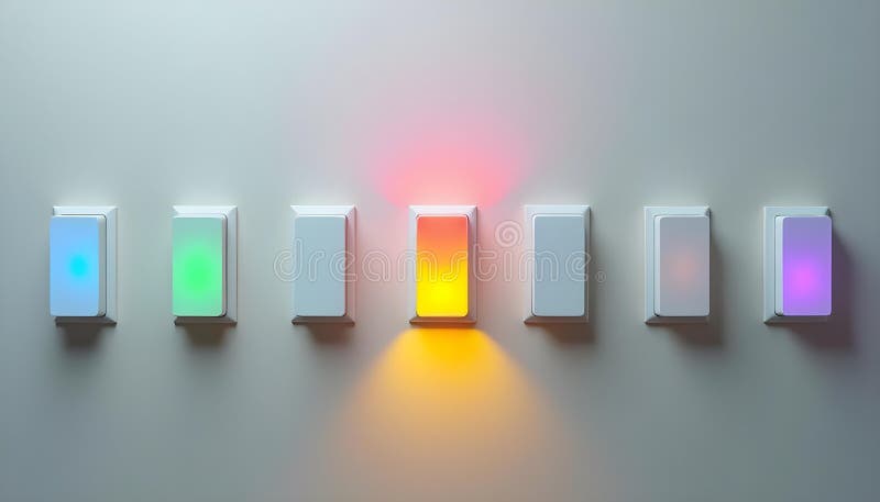 Single Rainbow-colored Light Switch Glowing Brightly among Dim White ...