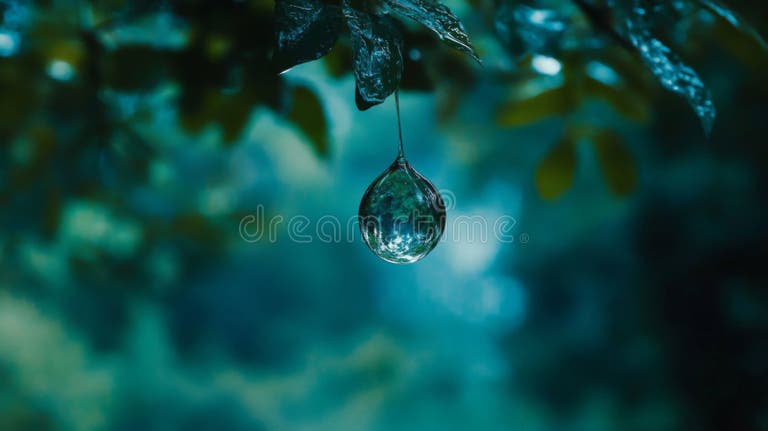 A Single Raindrop Hanging from a Leaf, Reflecting the Surrounding ...