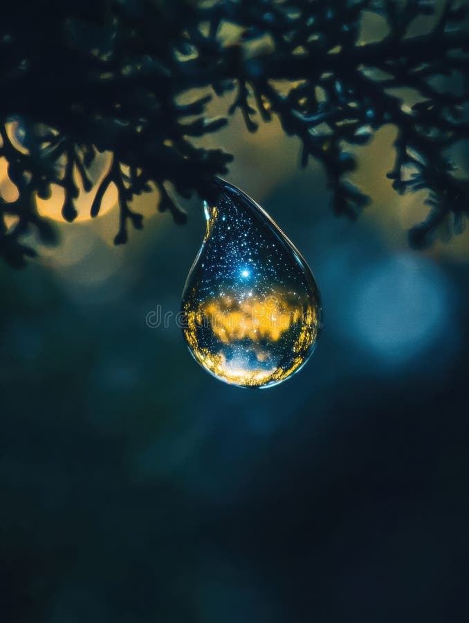Macro View of a Raindrop Capturing a Starry Night Sky Showcasing ...