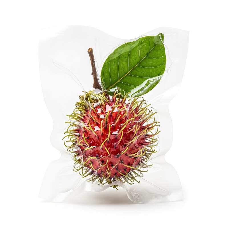 Fresh Rambutan Fruit Presented in Clear Packaging with a Green Leaf for ...