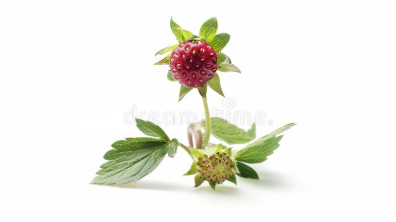 A Single Raspberry Flower with Green Leaves on a White Background Stock ...