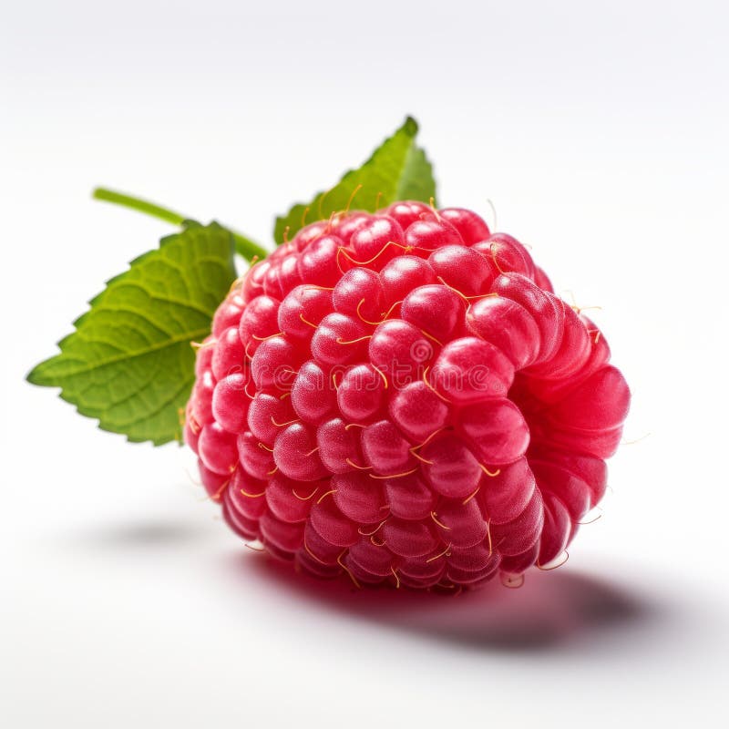 Vibrant Raspberry with Green Leaves on White Background Stock ...