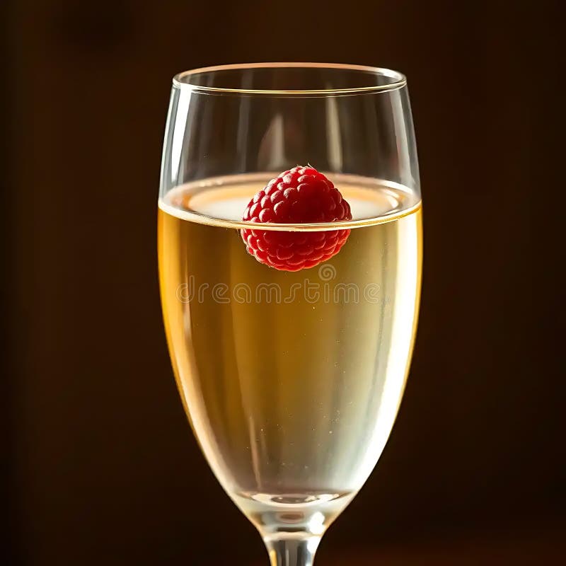 A Single Raspberry is Inside a Wine Glass and Filled with Beverage ...