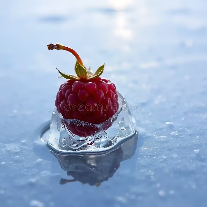 A Single Raspberry Resting on a Melting Ice Cube Stock Illustration ...