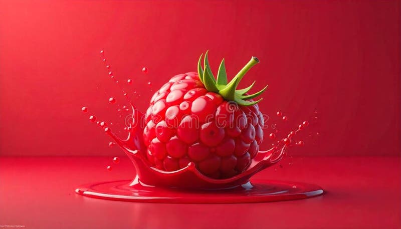 Single Raspberry Splashing into Bright Red Liquid Background Stock ...