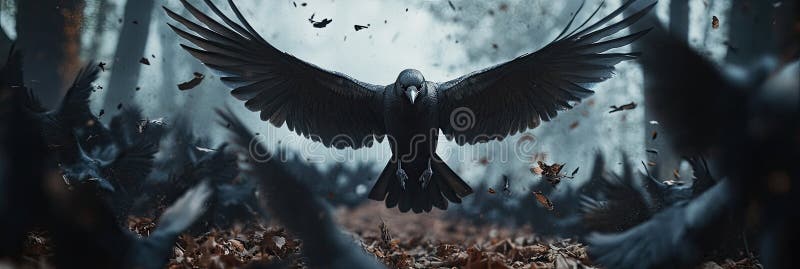 A Single Raven Soars through a Flock of Ravens in a Dark and Moody ...
