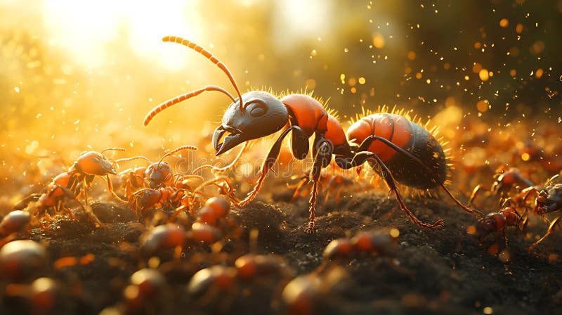 A Single Red Ant Stands Out from the Colony in the Sunlight Stock ...