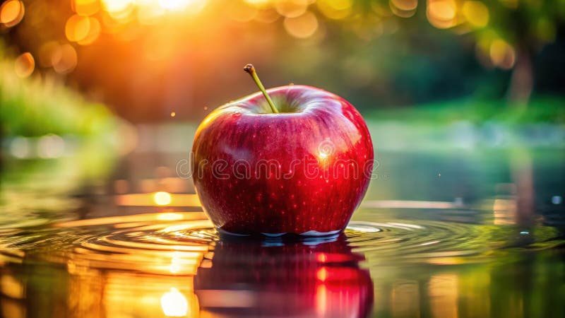 A Single Red Apple Floats Gently on Still Water, Illuminated by the ...