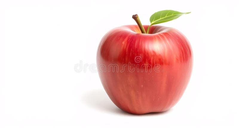 Single Red Apple with a Green Leaf and Brown Stem on a White Background ...