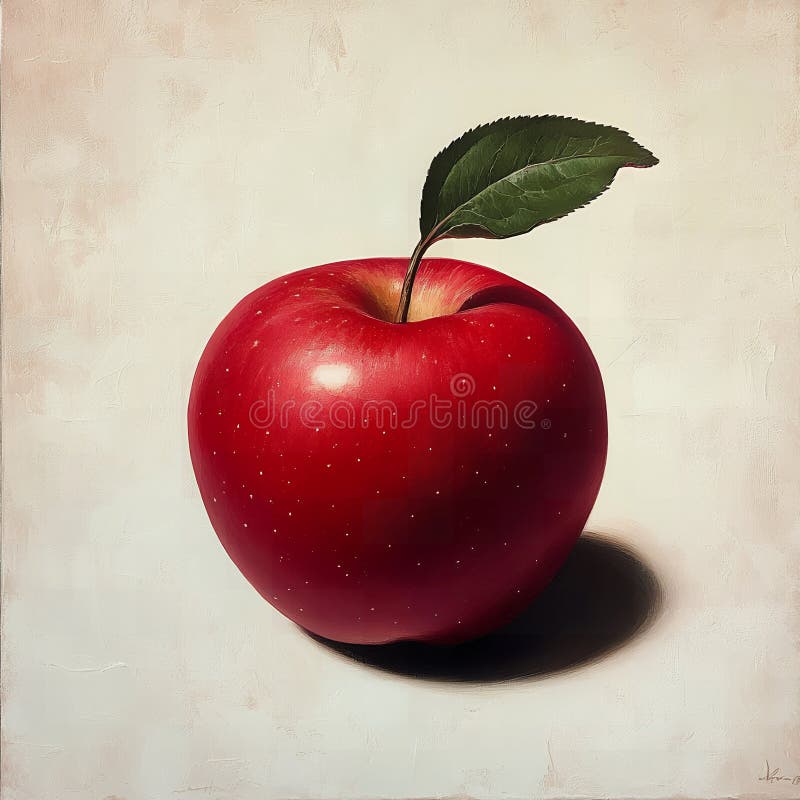 A Single Red Apple with Green Leaf Still Life Painting Stock ...