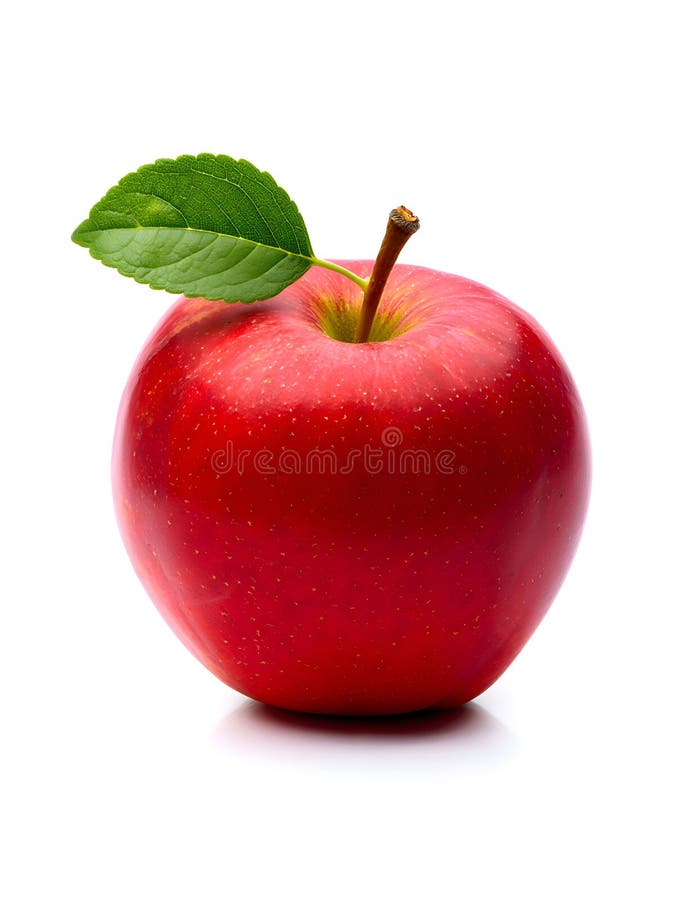 Single Vibrant Red Apple with Fresh Green Leaf, Isolated on a Pristine ...