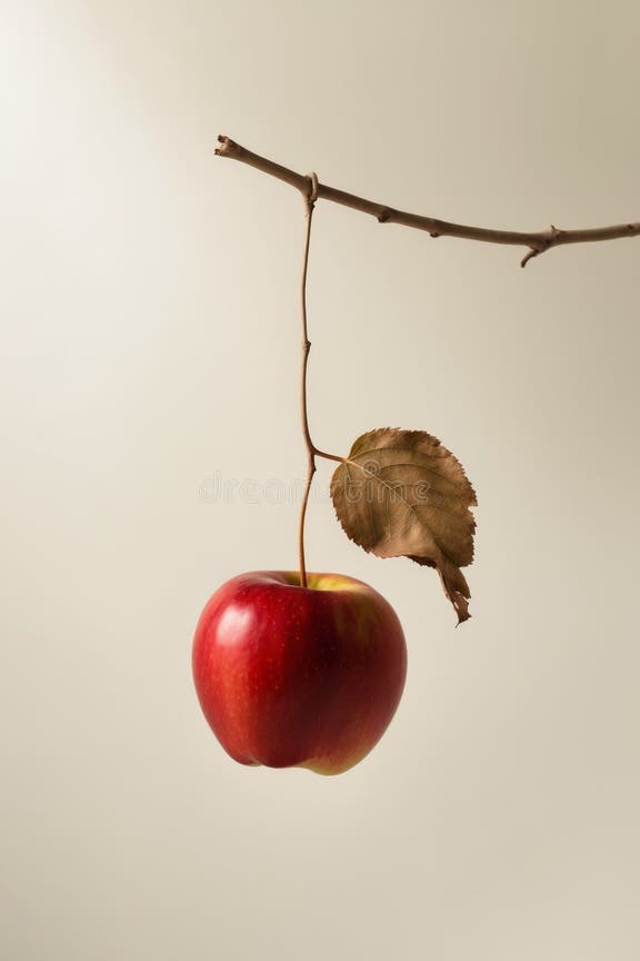 A Single Red Apple Hanging from a Branch with a Withered Leaf. Stock ...
