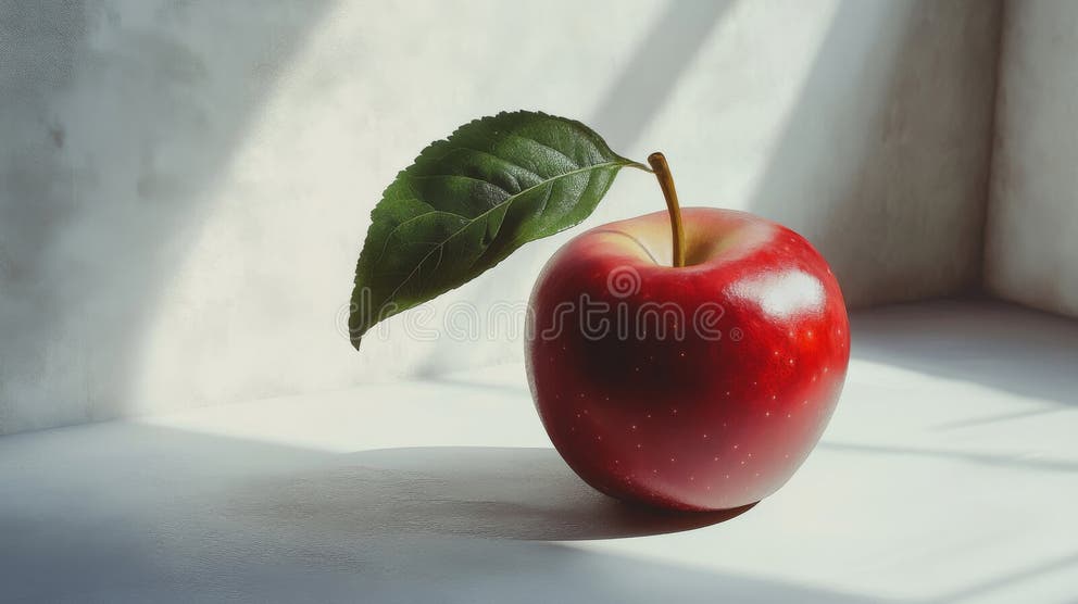 Single Red Apple with Leaf on Table in Sunlight, Shadow Play. Healthy ...