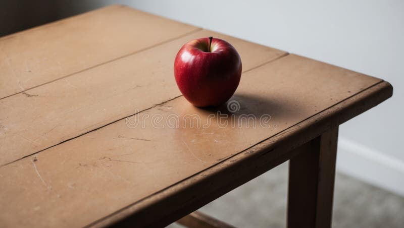 A Single Red Apple Resting on a Rustic Wooden Table. Stock Photo ...