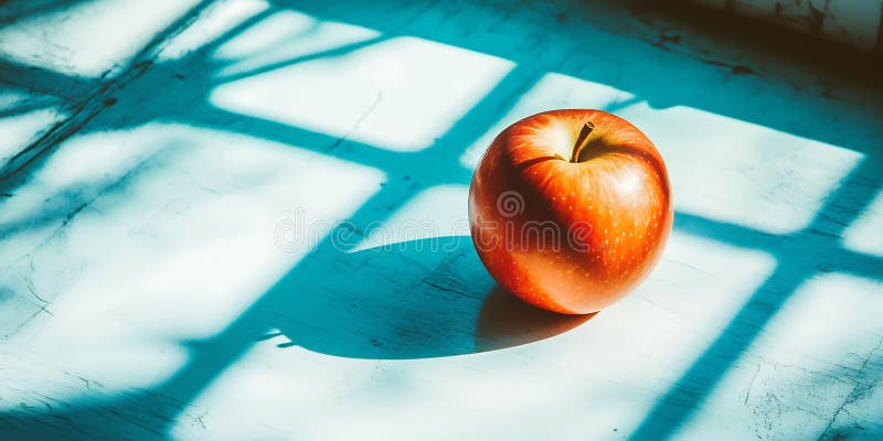 A Single Red Apple Sitting on a Surface with Window Shadows Creating a ...