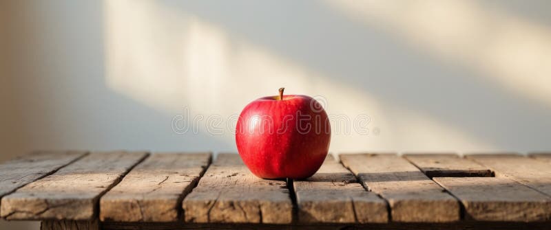Single Red Apple on Wooden Table in Sunlight Stock Image - Image of ...