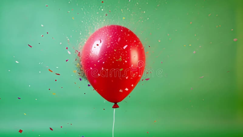 Red Balloon Exploding with Colorful Confetti on Green Screen Background ...