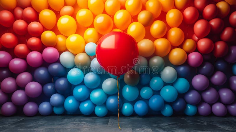 Single Red Balloon Stands Out among a Multitude of Colorful Balloons ...