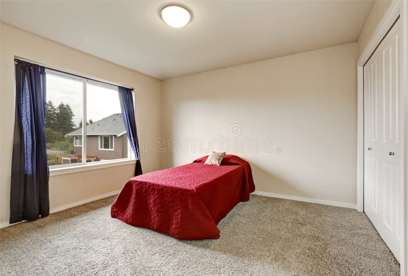 Single Red Bed in Empty Bedroom on the Second Floor Stock Image - Image of design, pillow: 79991343