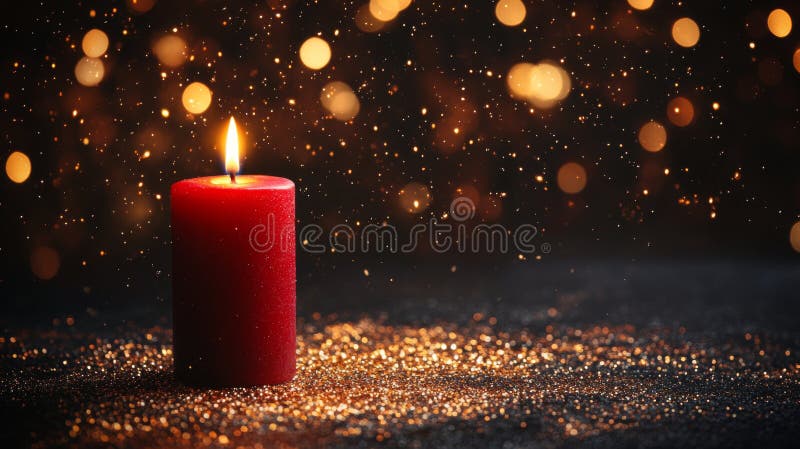 A Single Red Candle Burning on a Bed of Glitter with a Bokeh Background ...
