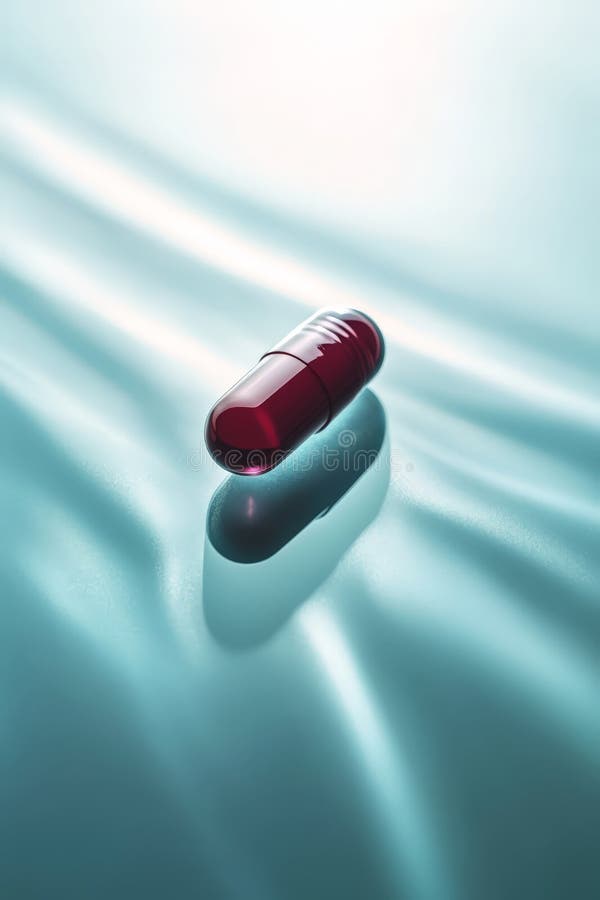 A Single Red Capsule Pill on a Smooth, Light Blue Reflective Surface ...