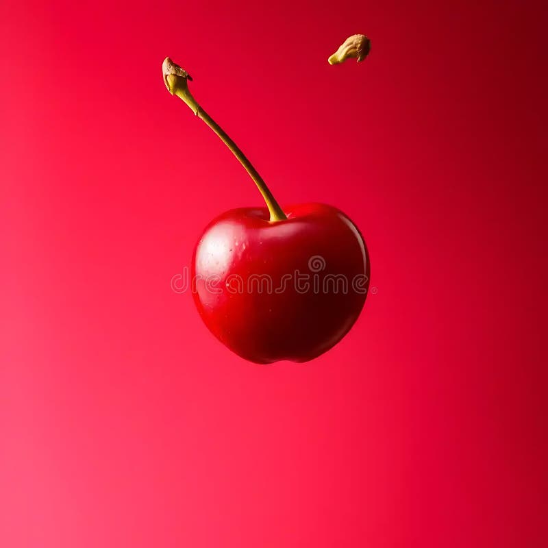 A Single Red Cherry Floating Against a Red Background Stock ...