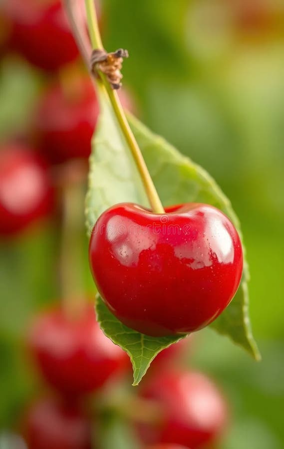 Single Red Cherry on Leaf stock illustration. Illustration of food ...
