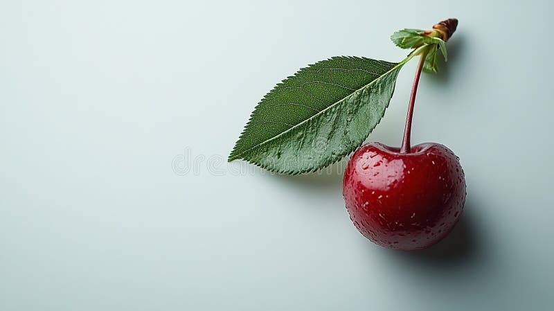 Single Red Cherry with Leaf and Water Droplets on Light Background ...