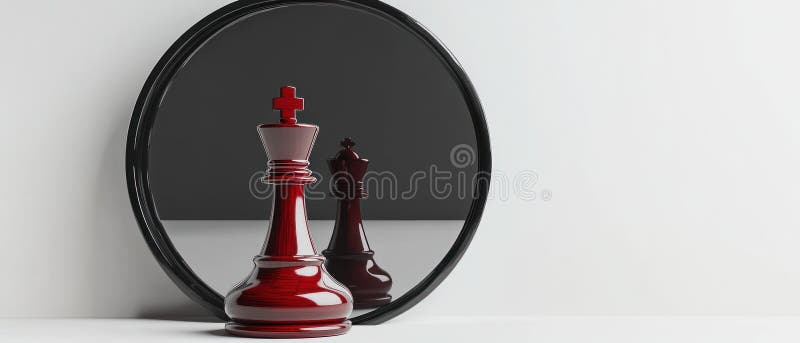 RED CHESS KING PIECE in FRONT of a CIRCULAR MIRROR, REFLECTING ITSELF ...