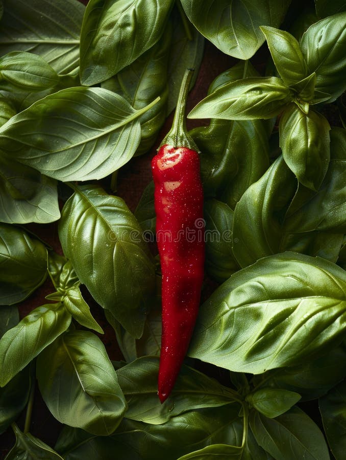 A Single Red Chili Pepper on Fresh Green Basil Leaves. Stock Image ...