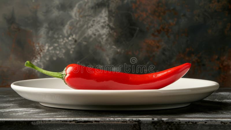 Single Red Chili Pepper on a White Plate in a Dark Setting Stock Photo ...