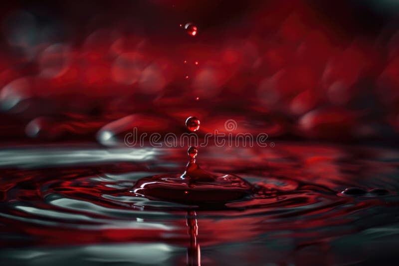 A Single Red Droplet Falls from Above into the Surface of Calm Water ...
