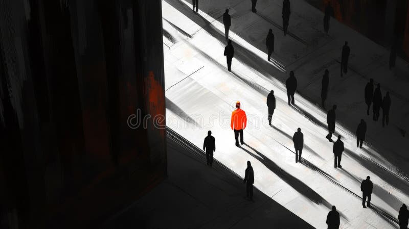 A Single Red Figure Amidst a Black and White Crowd Stock Illustration ...