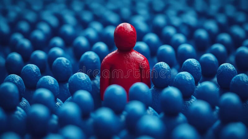 Single Red Figure Stands Out among a Crowd of Blue Figures Symbolizing ...