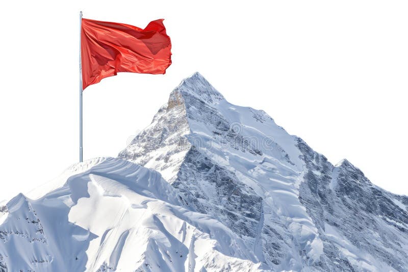 A Single Red Flag Stands Out Against the Snowy Backdrop of a Mountain ...