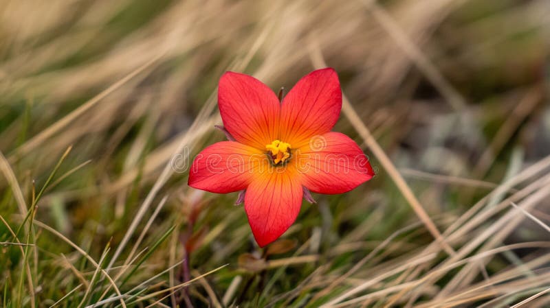 A Single Red Flower is in the Foreground of a Field of Grass Stock ...