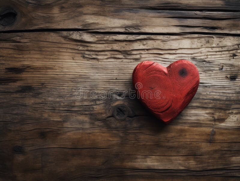 Single Red Heart Placed on a Rustic Wooden Surface, Creating a Visually ...