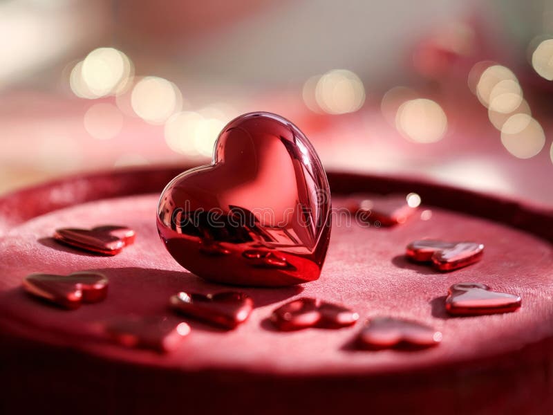Single Red Heart Placed on a Soft Velvet Surface, Surrounded by Small ...